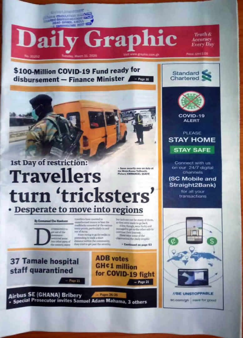 Today's front pages: Tuesday, March 31, 2020 - MyJoyOnline