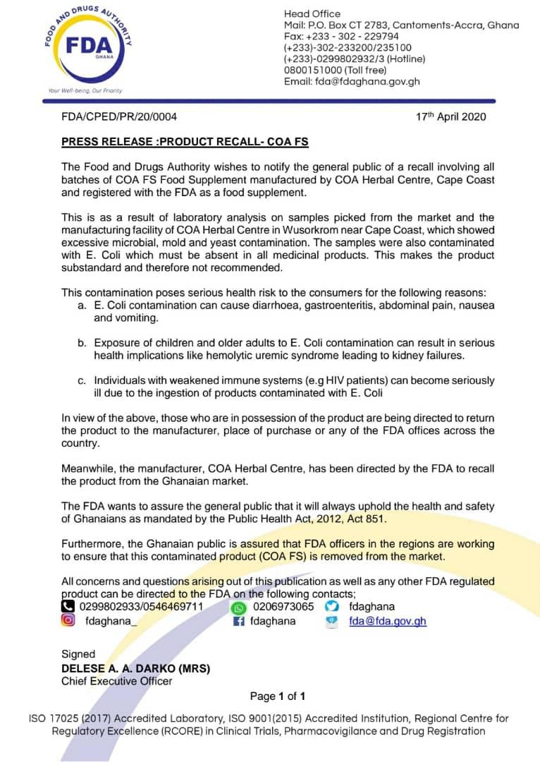 FDA orders recall of COA FS from markets – Surveillance Ghana Archives