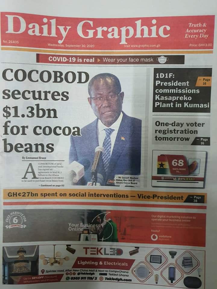 Today’s front pages; Wednesday, September 30, 2020 - MyJoyOnline
