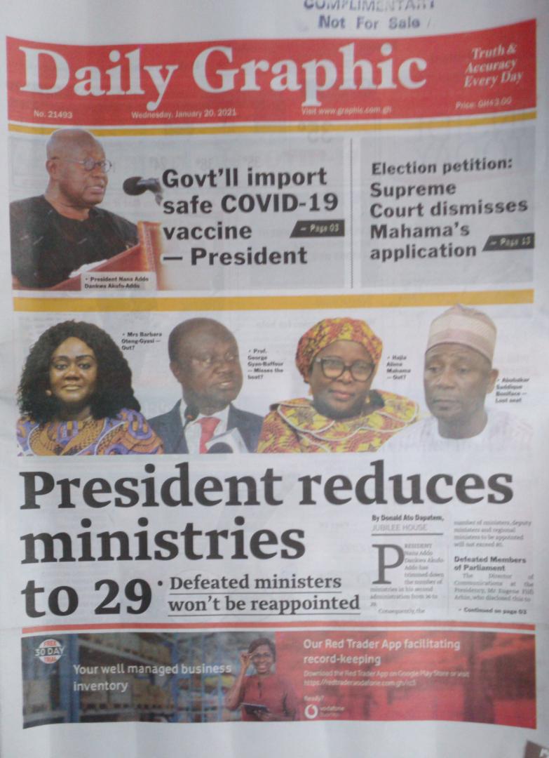 Today's frontpages: Wednesday, January 20, 2021 - MyJoyOnline