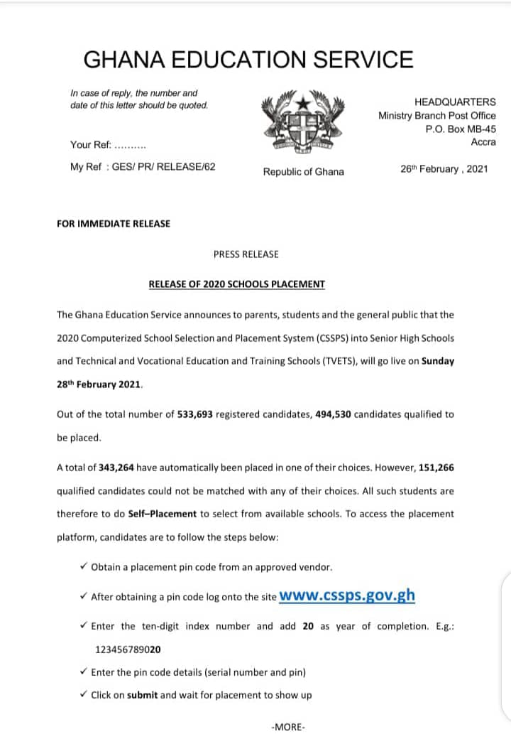 School Placement 2022: GES Finally Publishes List Online [Check Now ...