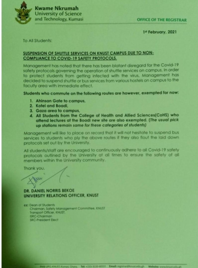KNUST suspends shuttle services over disregard for Covid-19 protocols ...