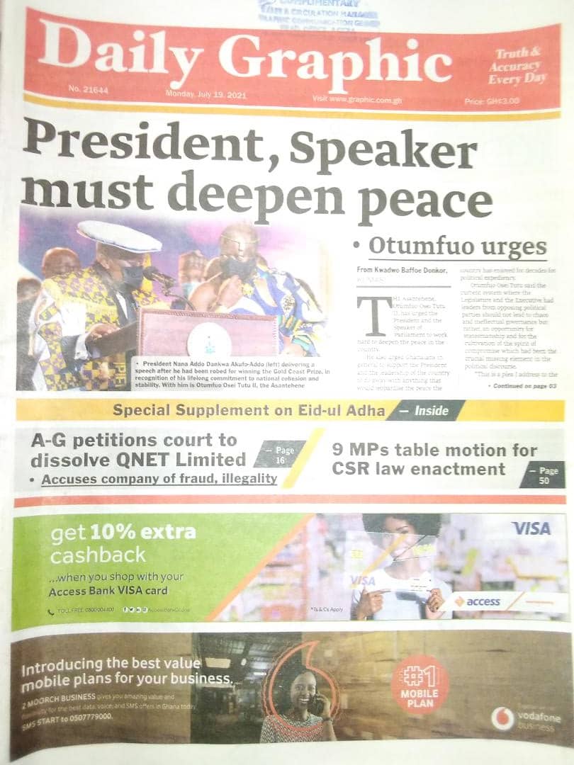 Today’s front pages: Monday, July 19, 2021 - MyJoyOnline