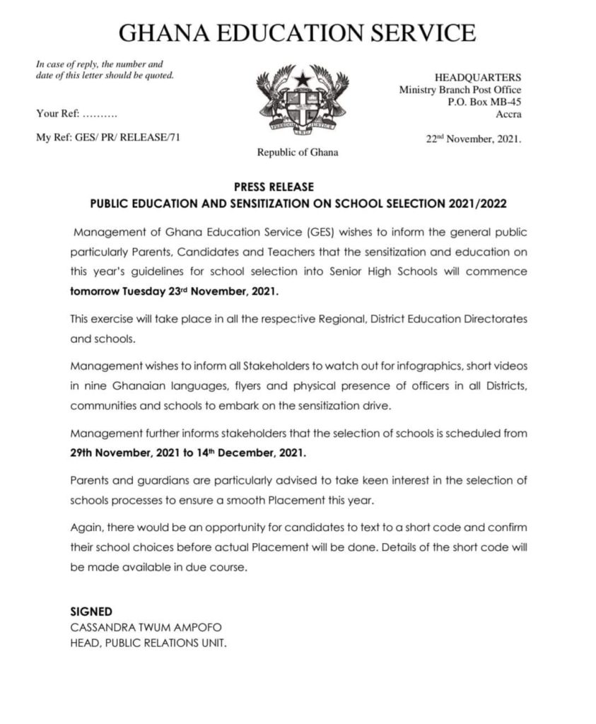 GES To Sensitise The Public On School Selection For 2021 2022 Academic GES To Sensitise The Public On School Selection For 2021 2022 Academic