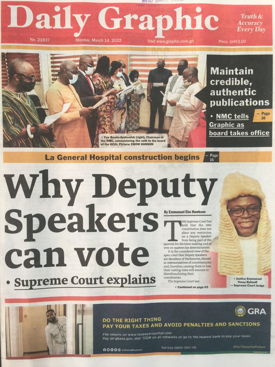 Today's front pages: Monday, March 14, 2022 - MyJoyOnline