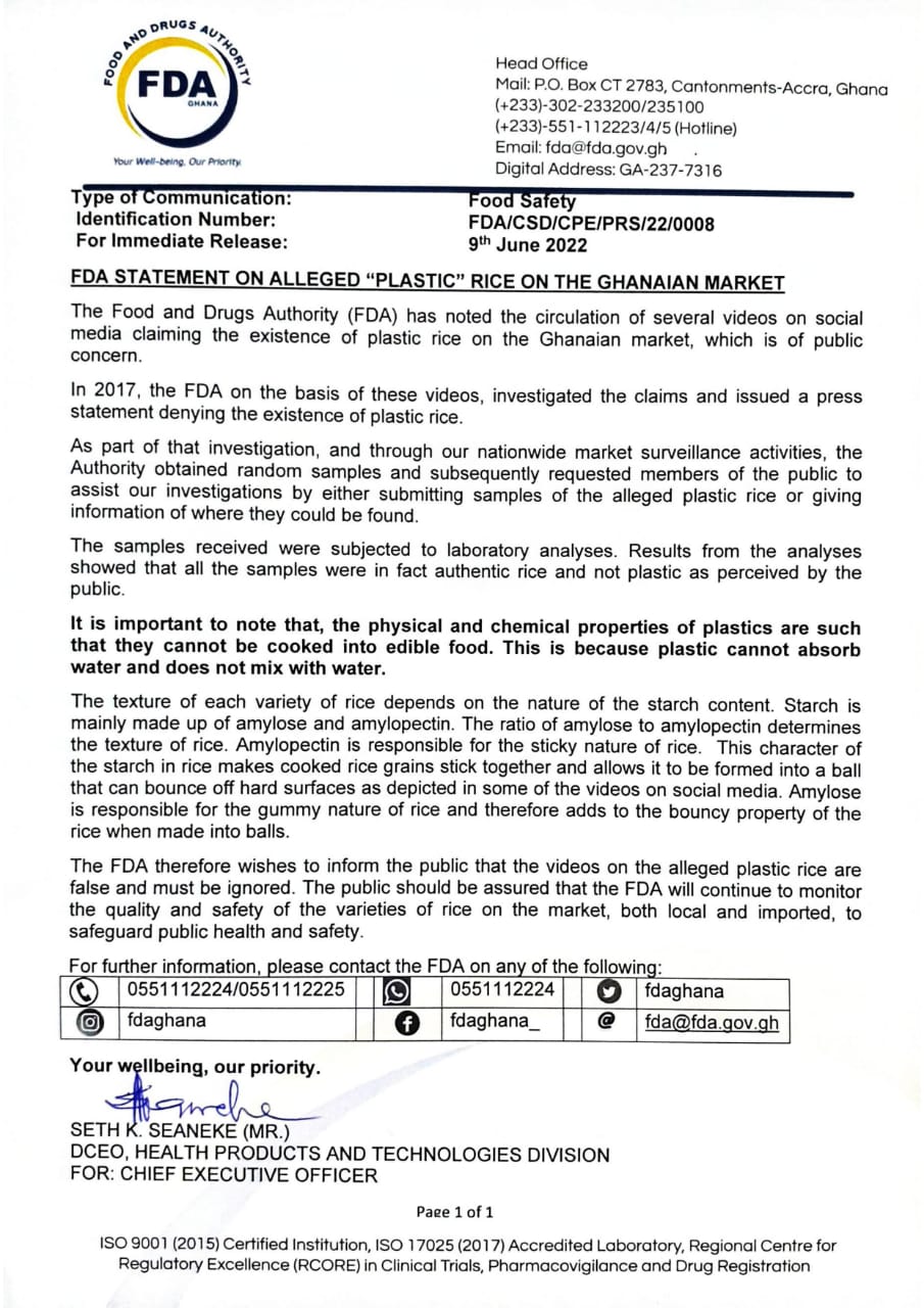 Disregard videos on alleged plastic rice, they are false - FDA ...