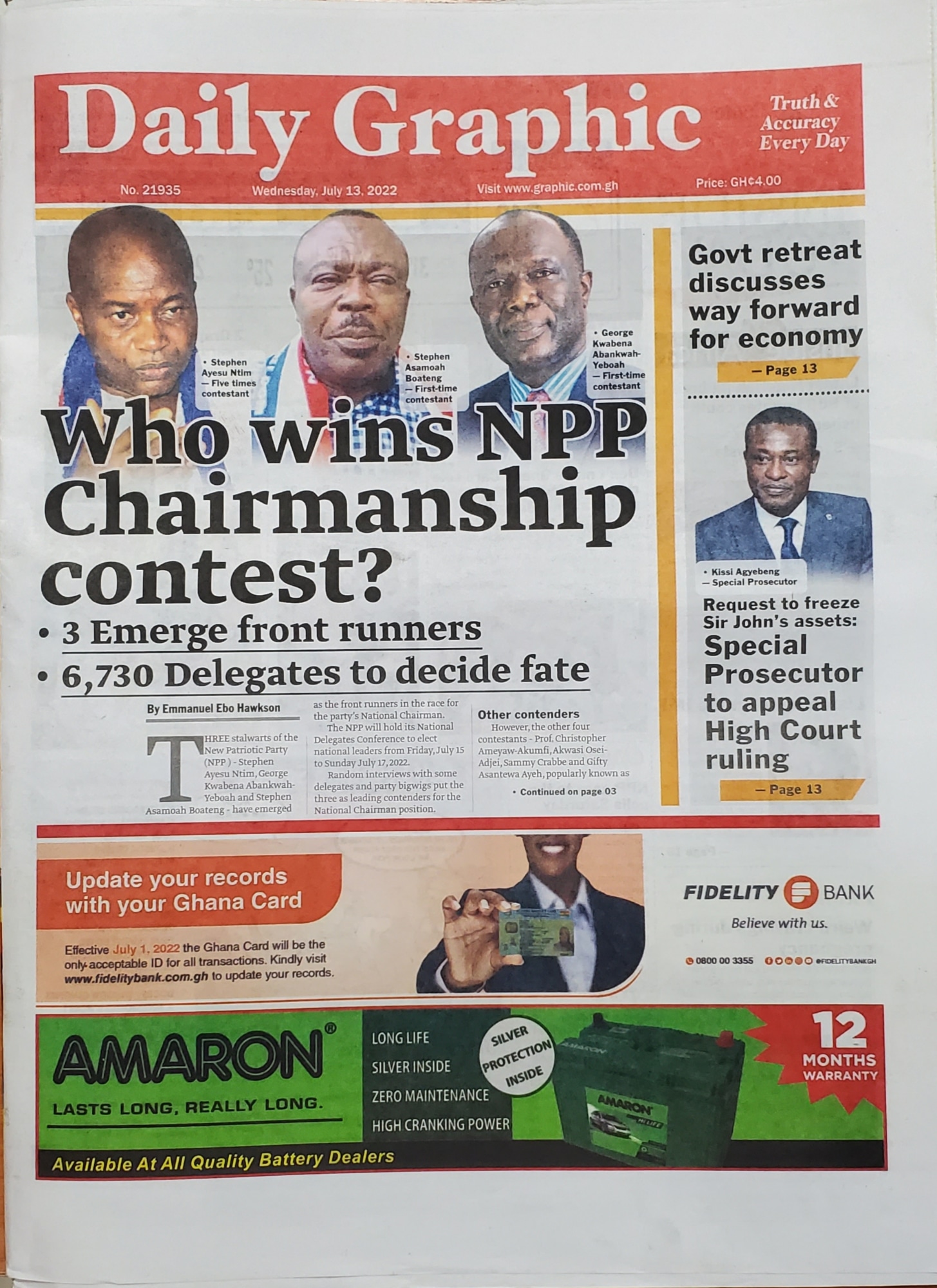 Today's front pages: Wednesday, July 13, 2022 - MyJoyOnline