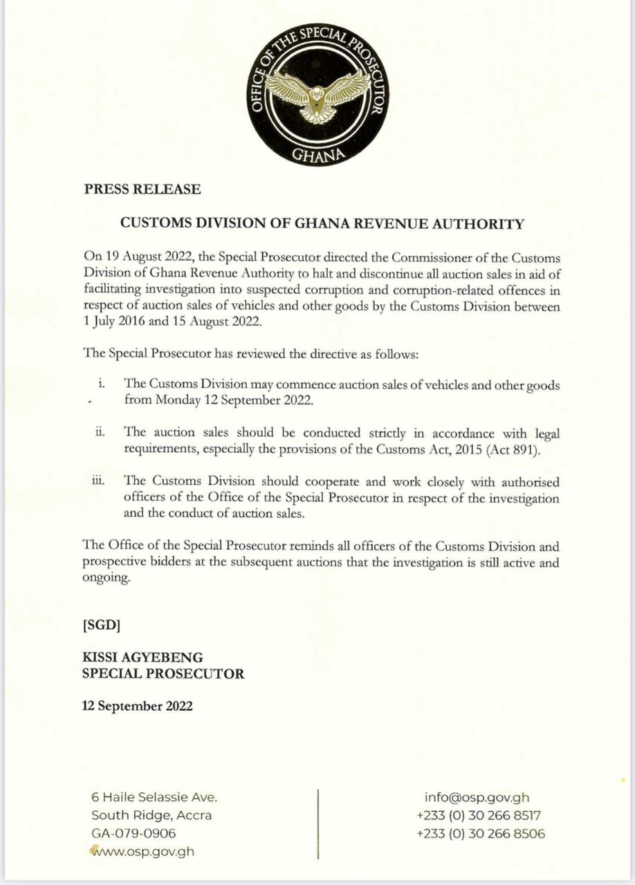 ‘You may now begin auction sales’ – OSP tells Customs Division - Fafaa Fm