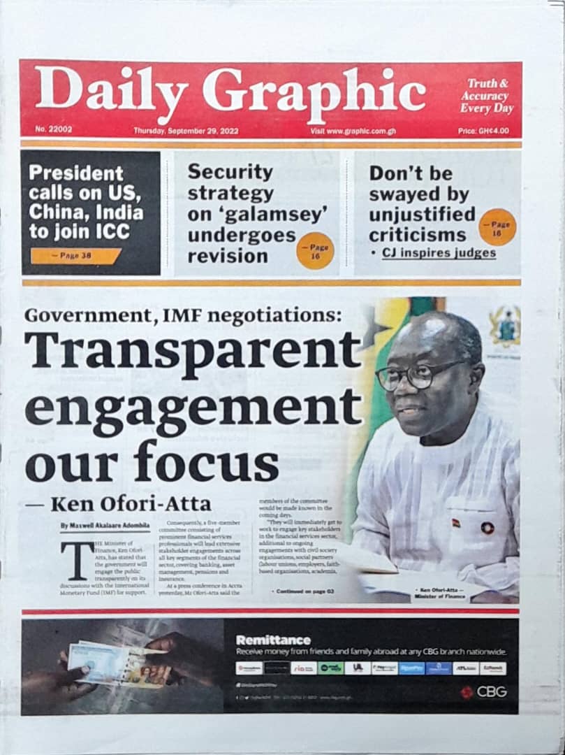 Today's front pages: Thursday, September 29, 2022 - MyJoyOnline
