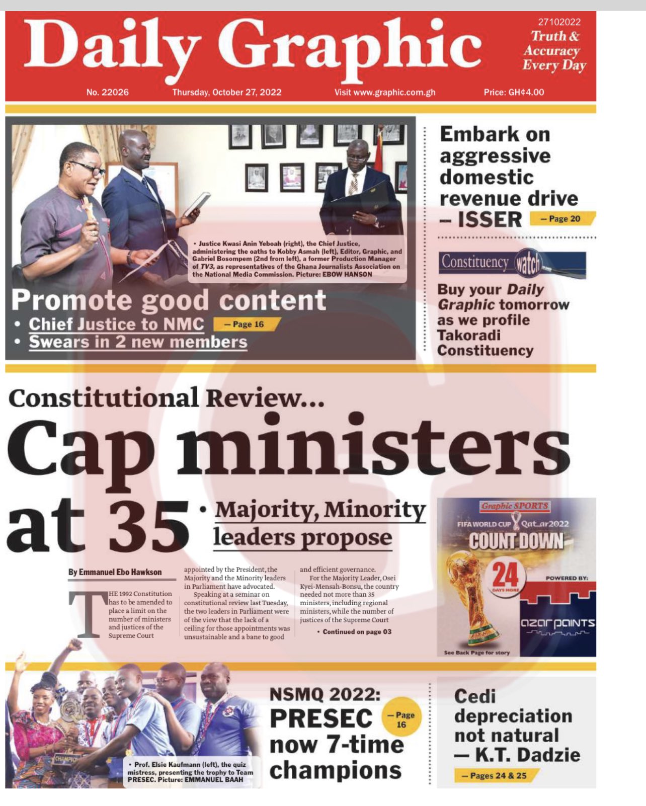 Today's front pages: Thursday, October 27, 2022 - MyJoyOnline