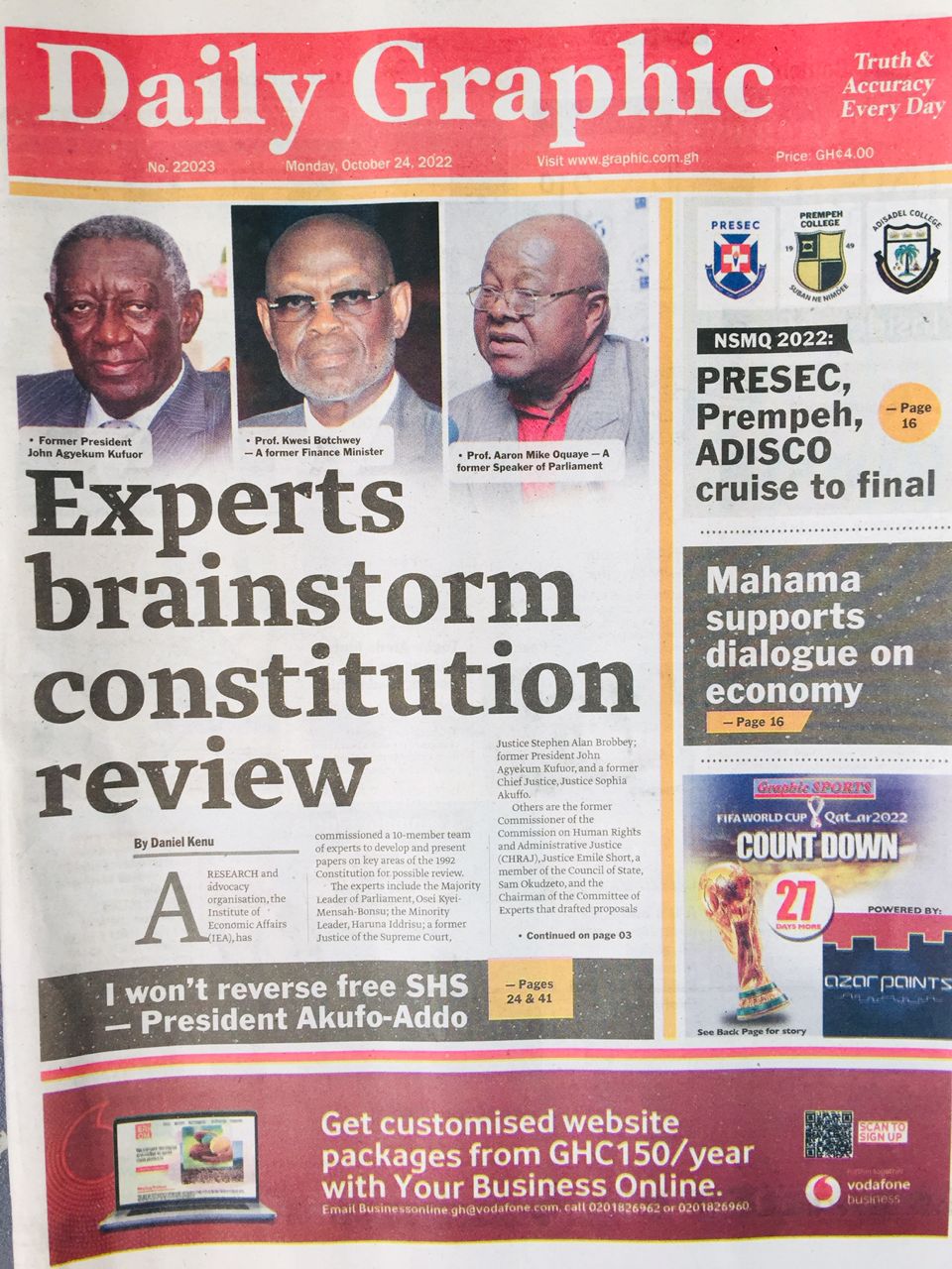 Today's front pages: Monday, October 24, 2022 - MyJoyOnline