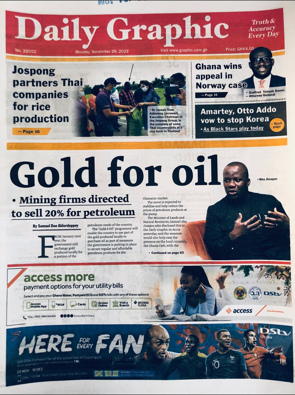 Today's front pages: Monday, November 28, 2022 - MyJoyOnline