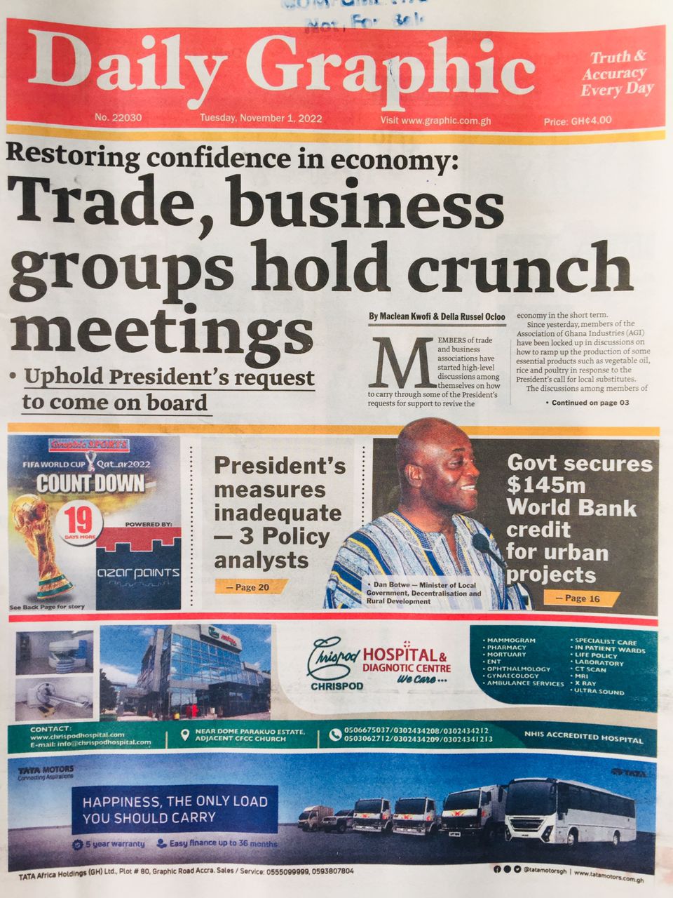 Today's front pages: Tuesday, November 1, 2022 - MyJoyOnline