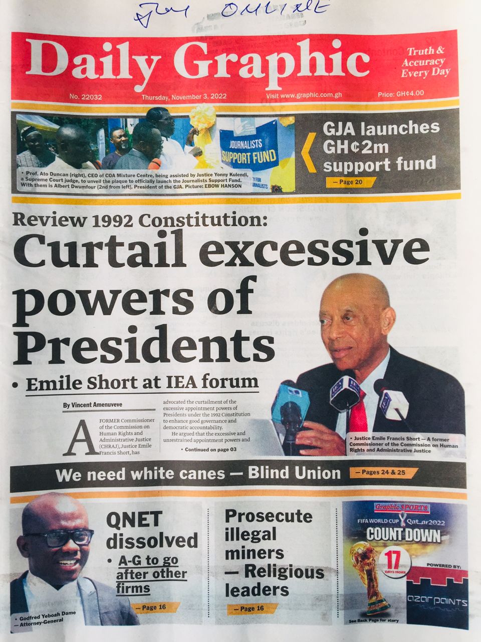 Today's front pages: Thursday, November 3, 2022 - MyJoyOnline