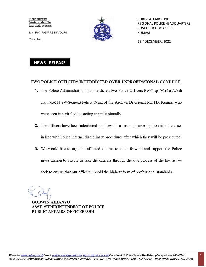 Two police officers interdicted for extortion - MyJoyOnline.com