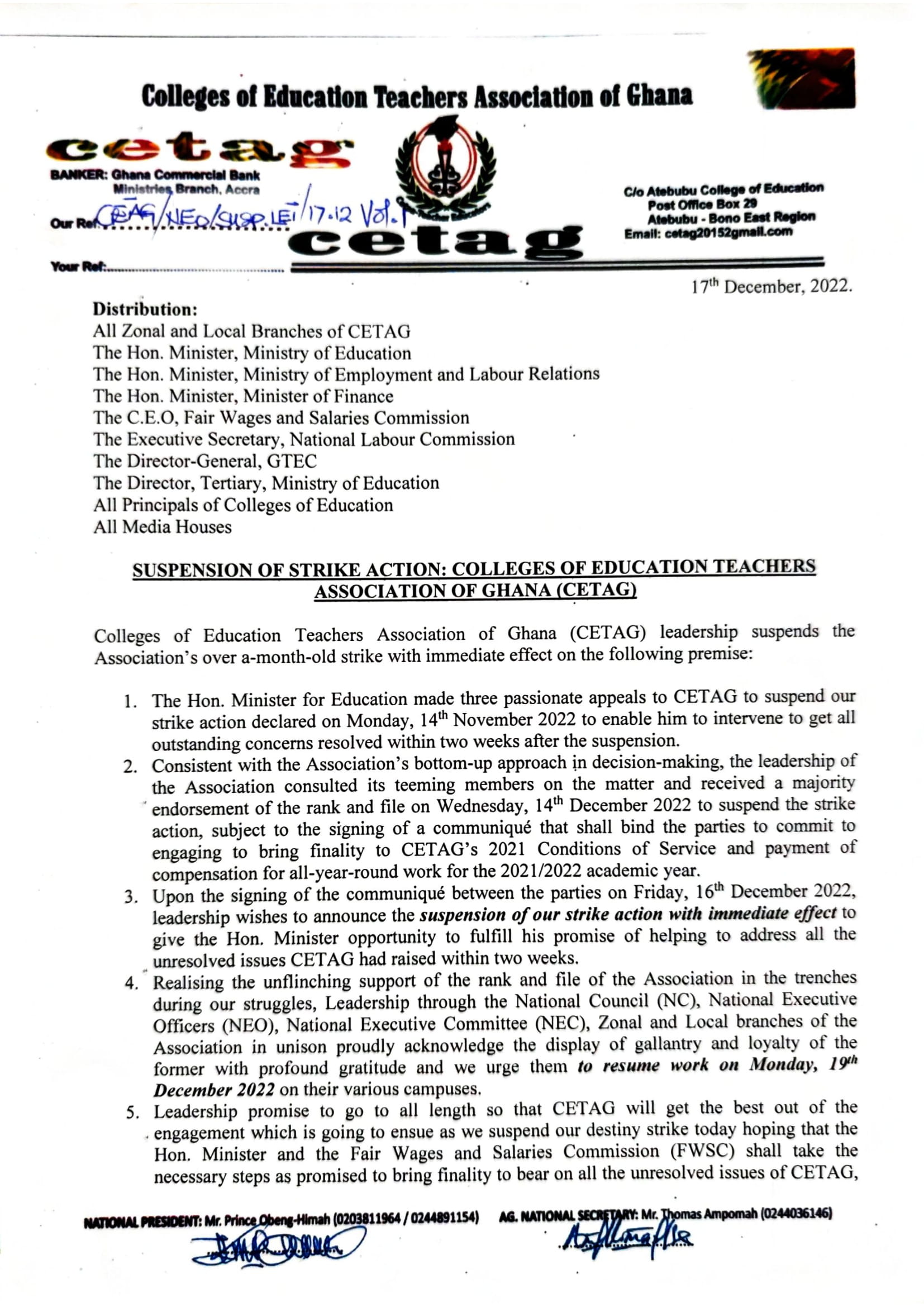 CETAG suspends strike of over one-month - MyJoyOnline.com