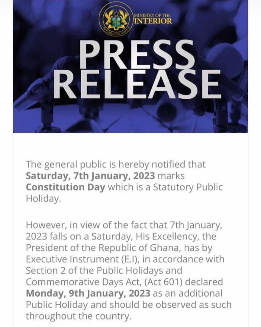Monday Jan. 9 declared as public holiday – MyJoyOnline.com