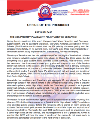 30% priority SHS placement policy must be scrapped - GNAPS ...