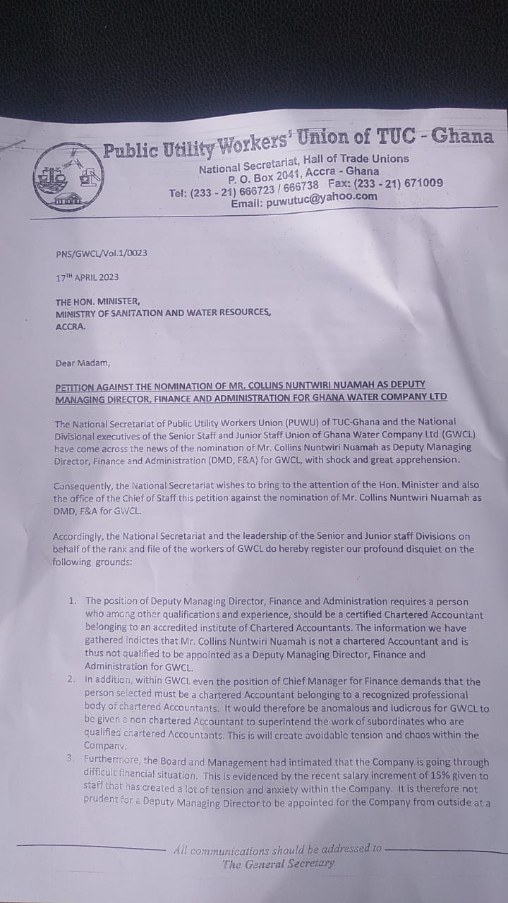 PUWU, GWCL protest appointment of Collins Nuamah as Deputy MD ...