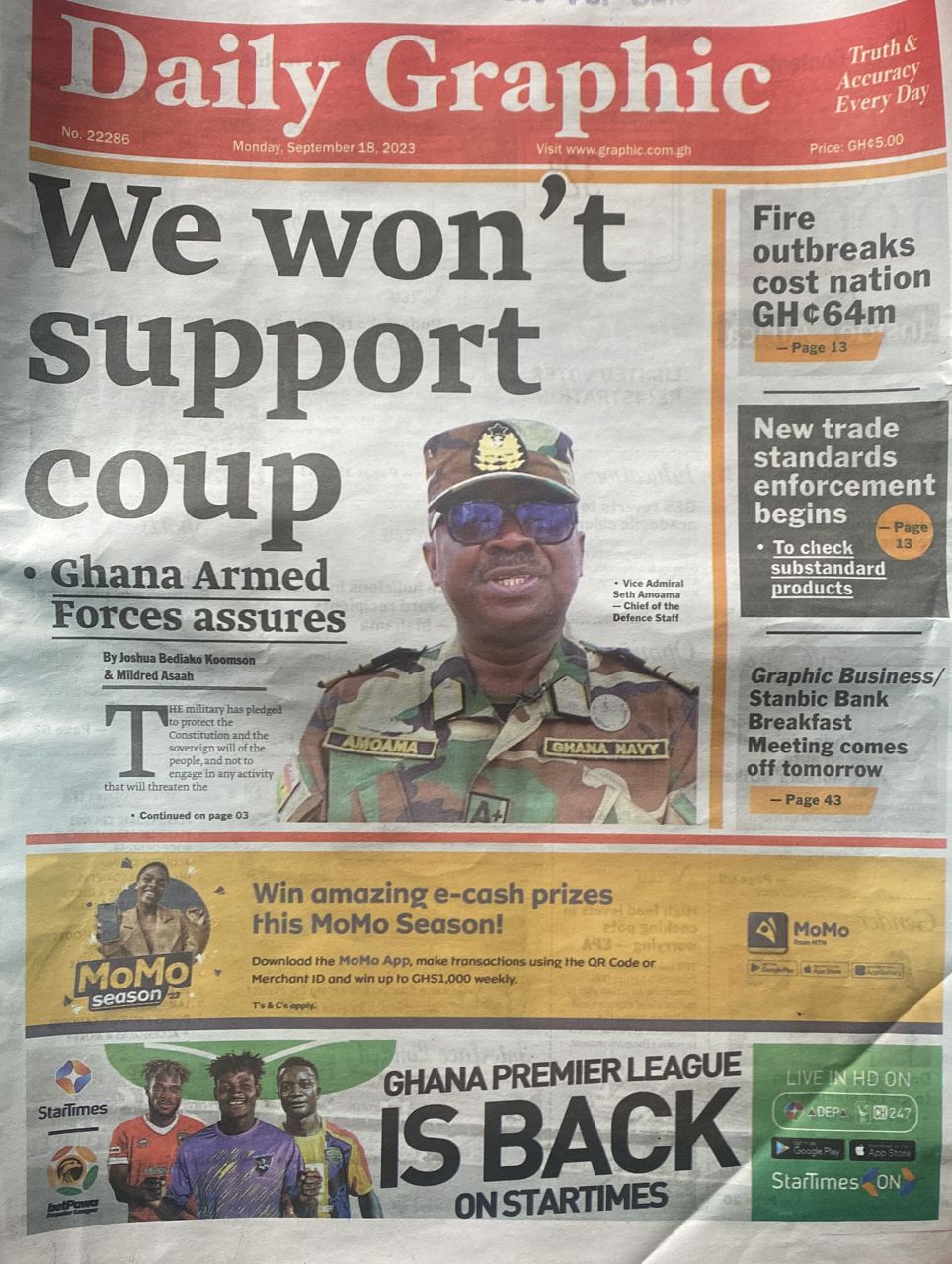 Today's front pages: Monday, September 18, 2023 - MyJoyOnline