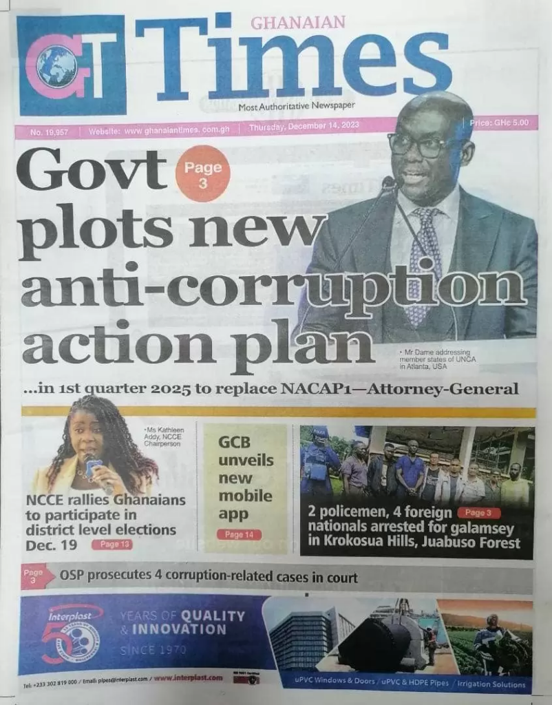 Today's frontpages: Thursday, December 14, 2023 - MyJoyOnline