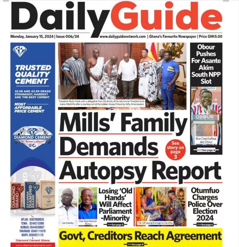 Today's front pages: Monday, January 15, 2024 - MyJoyOnline
