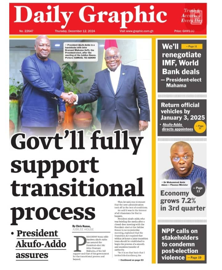 Today's front pages: Thursday ,December 12, 2024 - MyJoyOnline